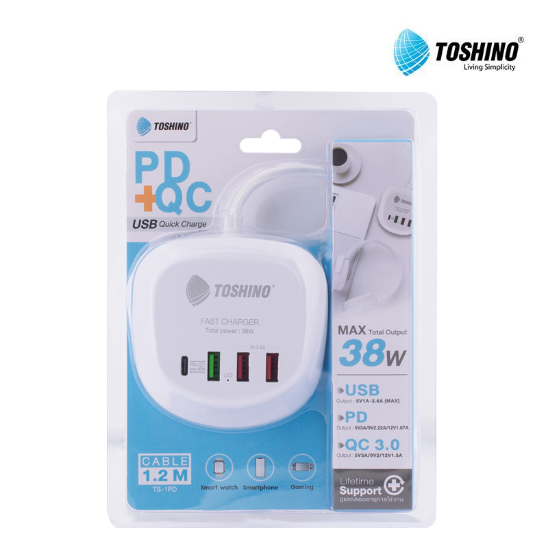 ซื้อ Toshino ที่ชาร์จมือถือ 4 ช่องเสียบ PD+QC 20W, 2 USB (3.6A) สาย 1.2 เมตร รุ่น TS-1PD | Topvalue